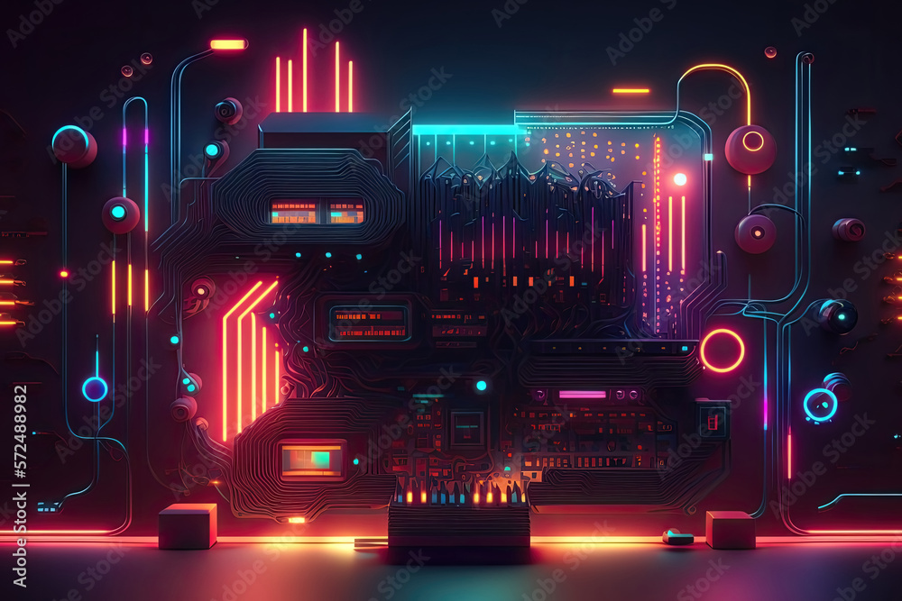 neon-themed motherboard is an illuminated computer circuit board ...