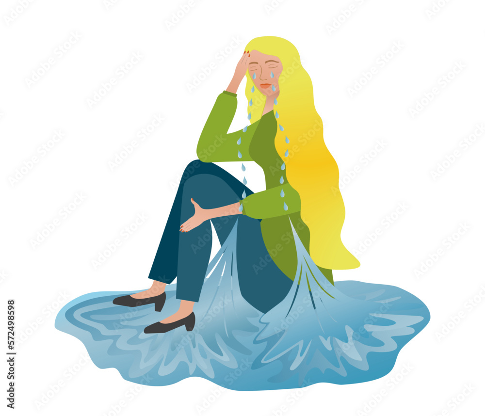 Woman crying endlessly, tears dropping down to a puddle of water ...