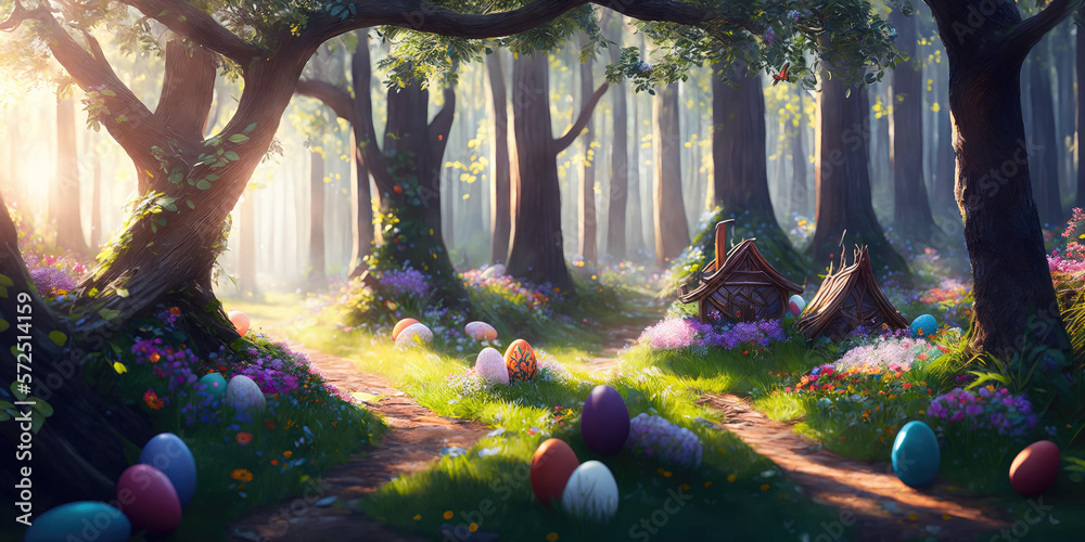 Easter forest background with flowers, Easter eggs, and butterflies ...