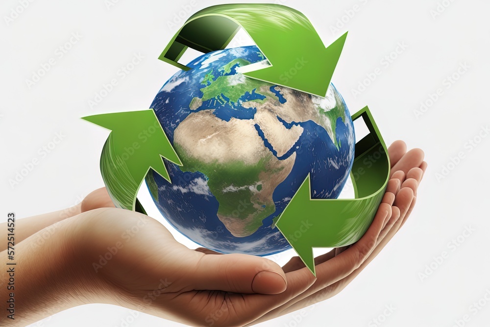 Hand holding earth with recycle symbol in middle. Generative AI Green ...