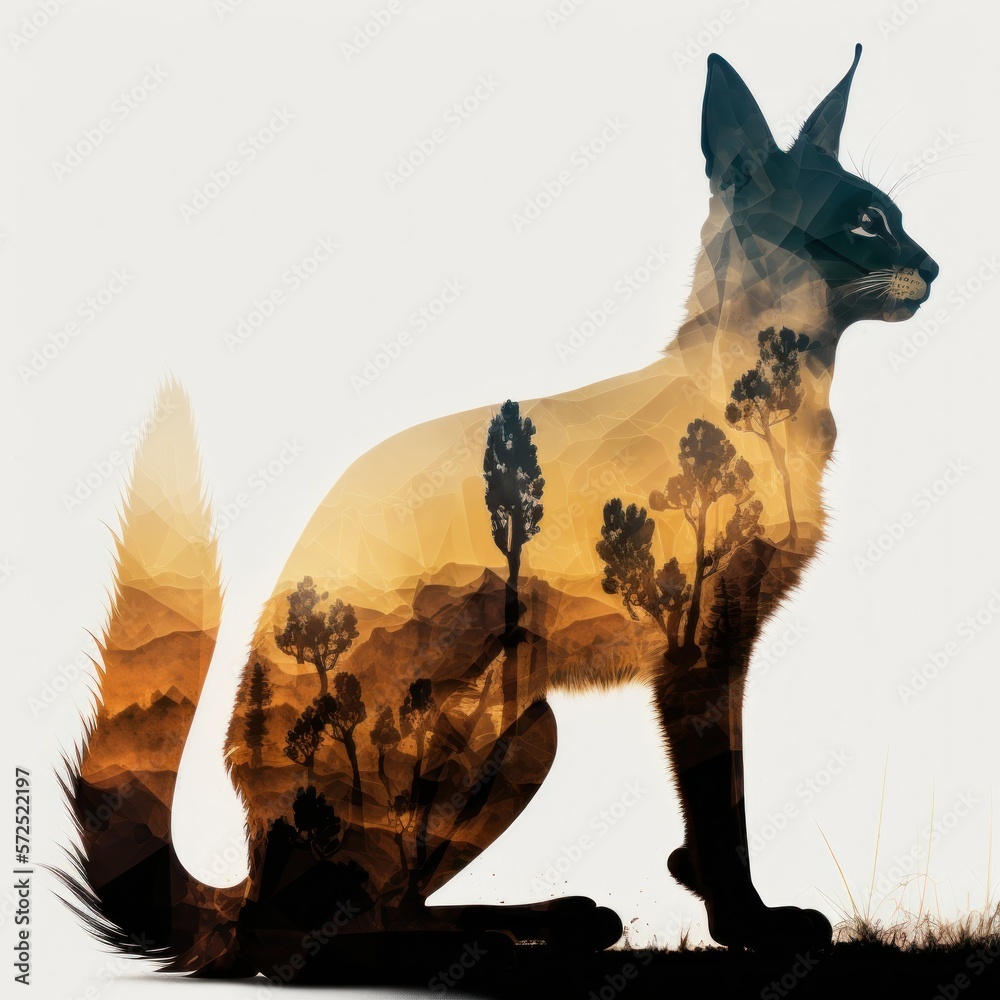 Cool and Beautiful Double Exposure Silhouette Caracal Animal in Natural ...