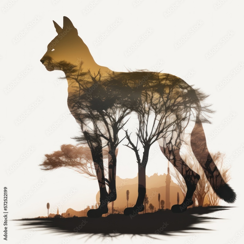 Cool and Beautiful Double Exposure Silhouette Caracal Animal in Natural ...