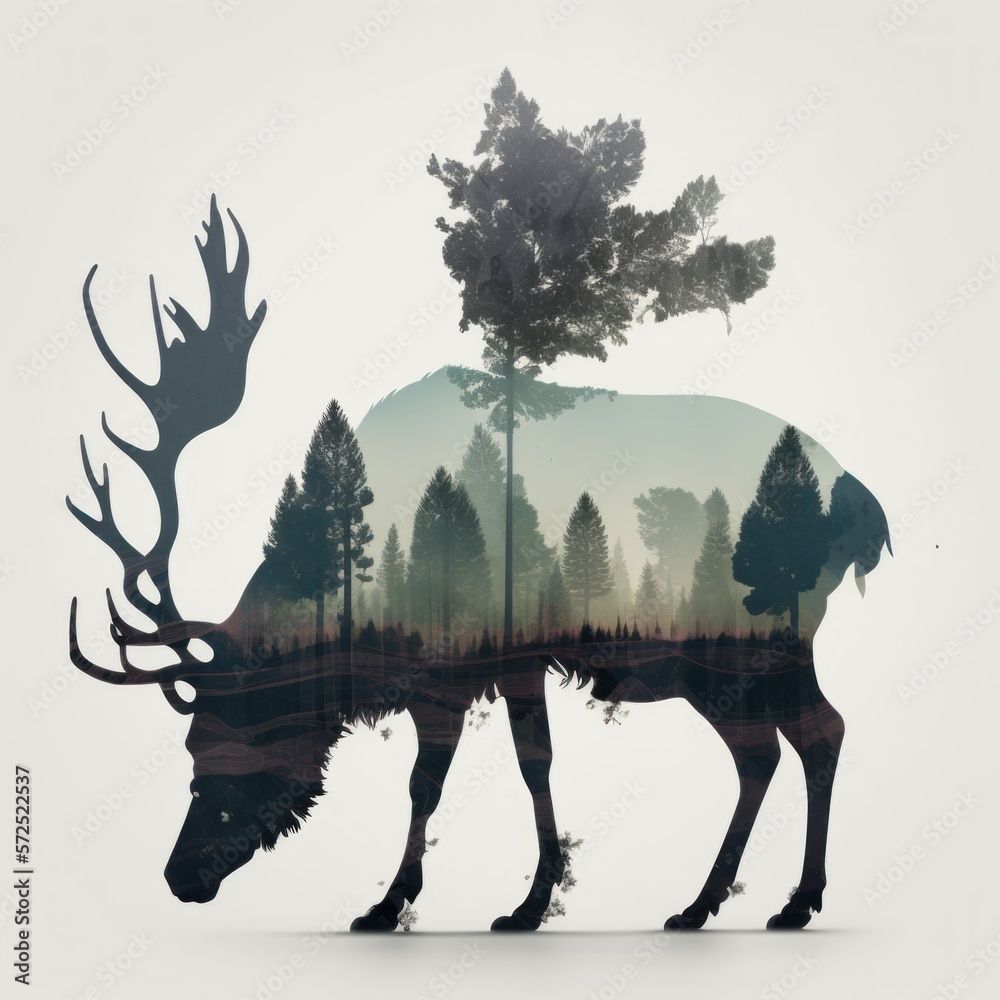 Cool and Beautiful Double Exposure Silhouette Elk Animal in Natural ...