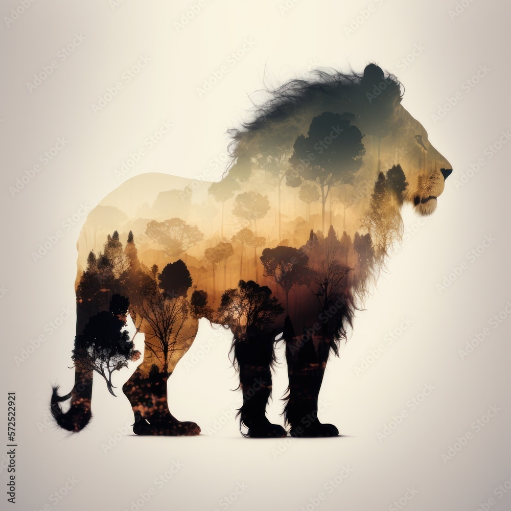 Ilustración de Stock Cool and Beautiful Double Exposure Silhouette Lion ...