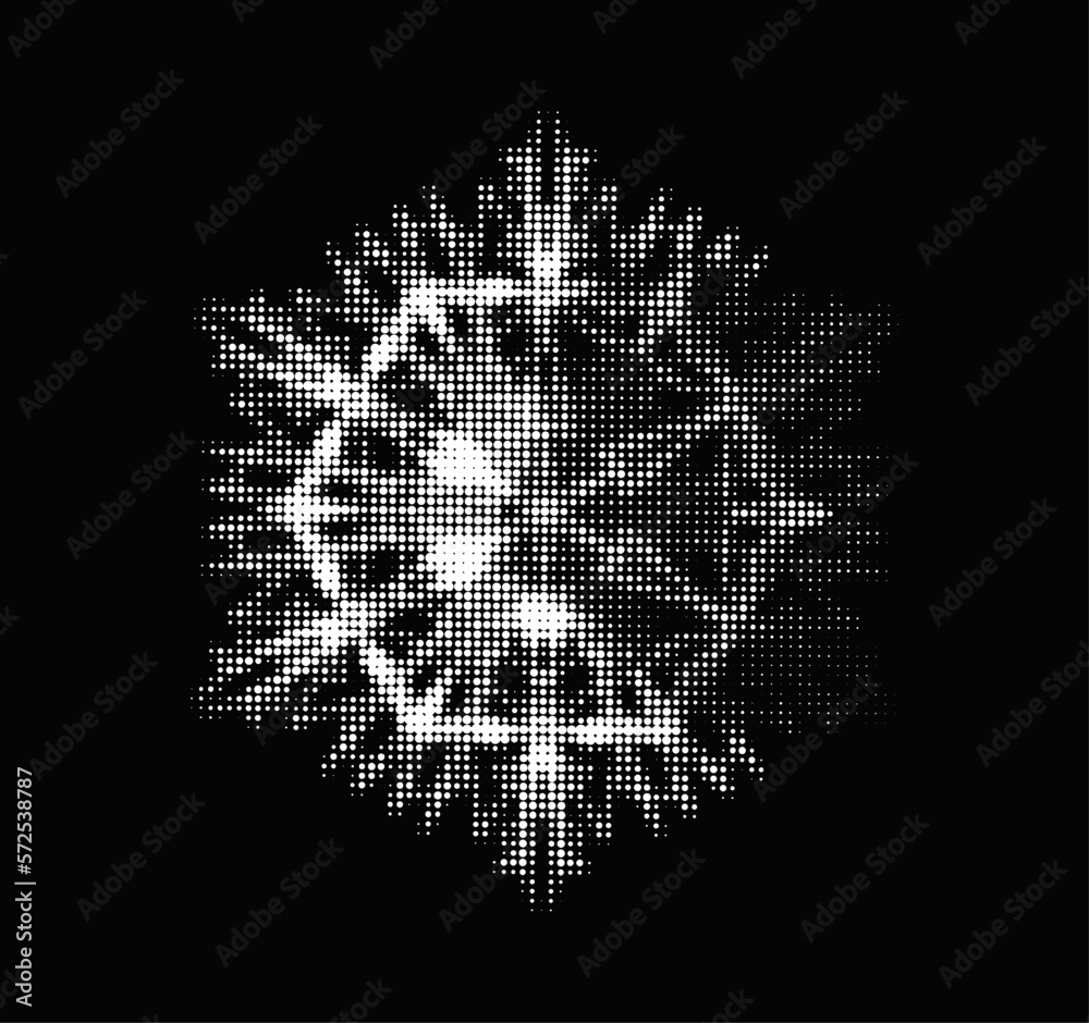 Perforated dotted halftone outline of a mandala on a black background ...