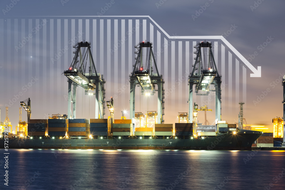 Cargo ship, cargo container work with crane at dock, port or harbour ...