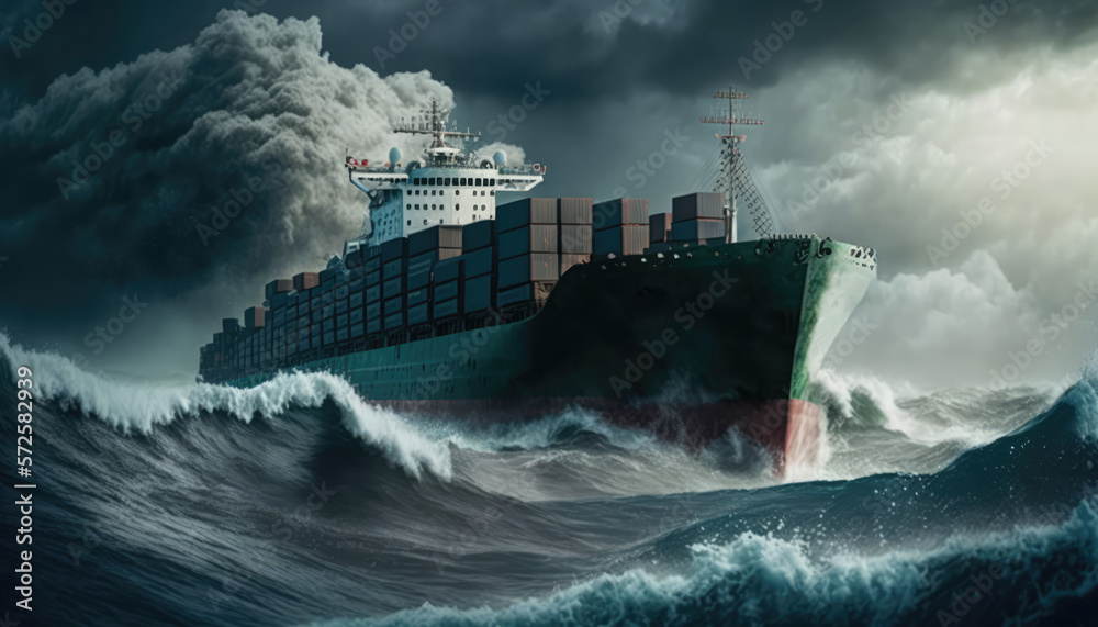 Container Freight Ship in Stormy Seas: A Mighty Vessel Battling the Waves. Generative ai ...