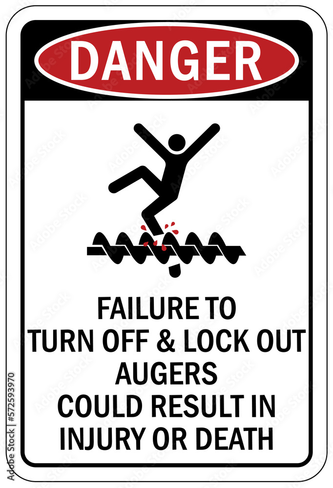 Grain silo hazard sign and labels failure to turn off and lock out ...