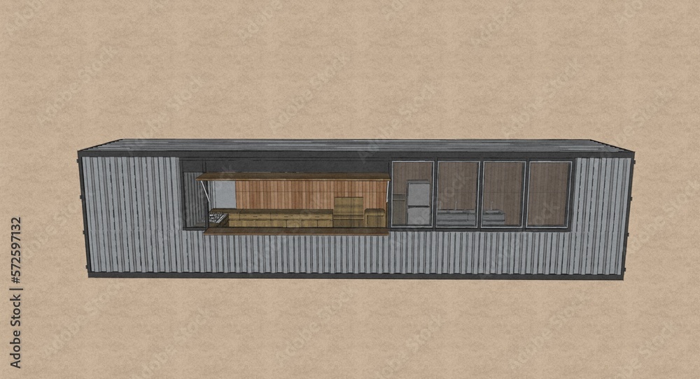 hand drawing sketch 40 feet container illustration minimalist cafe ...