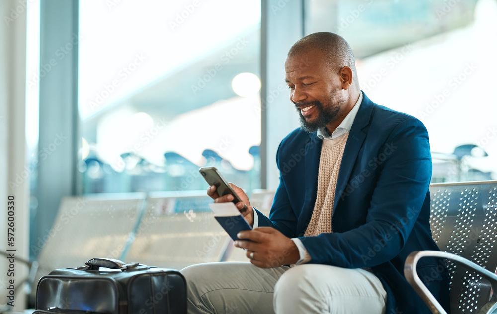 Travel, ticket and phone with black man in airport for social media ...