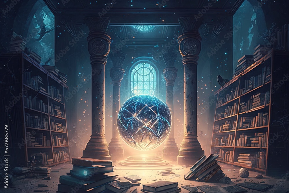 mystical library filled with ancient tomes and magical artifacts, with ...