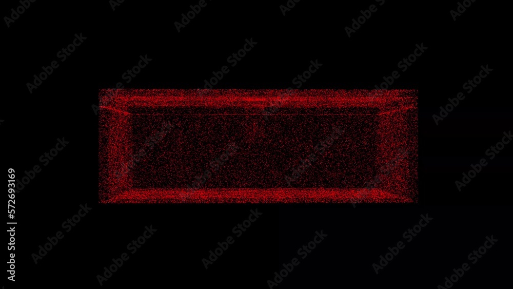 3D long box on black bg. Object dissolved red flickering particles ...