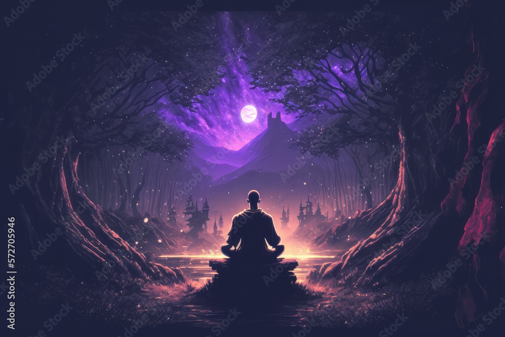 Buddhist monk meditating under star night sky . Energy and power of ...