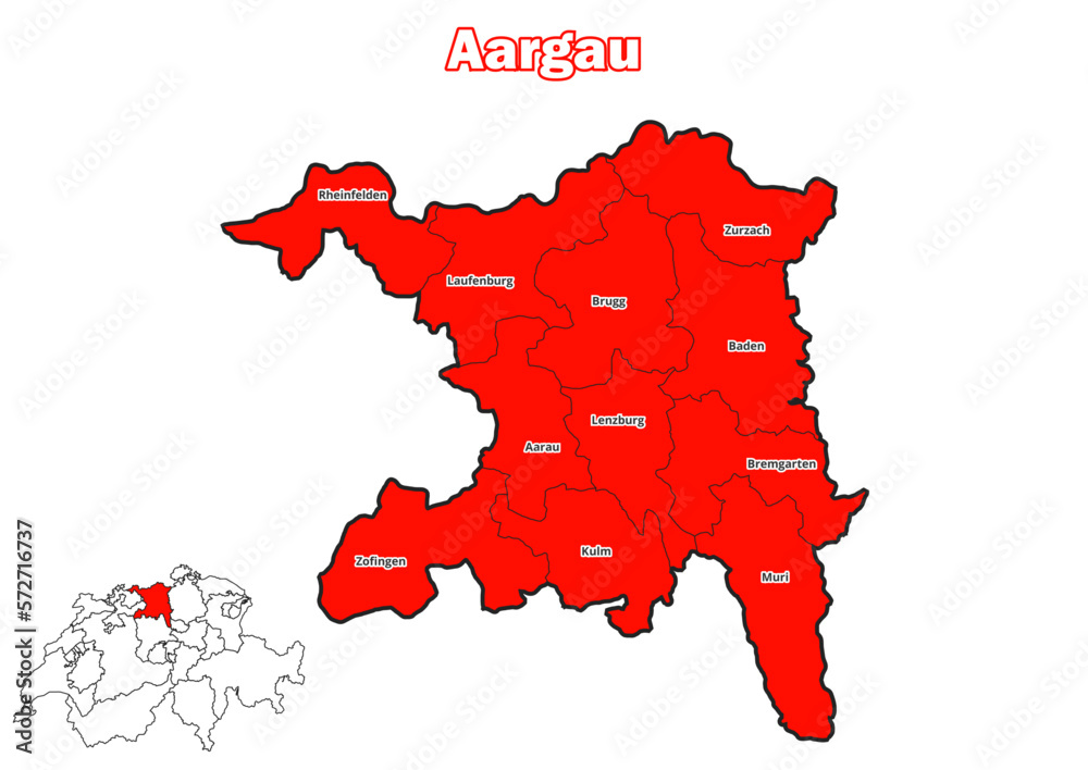 Karte des Kanton Aargau mit Bezirksnamen und Standort auf der Karte der Schweiz Stock Vector ...