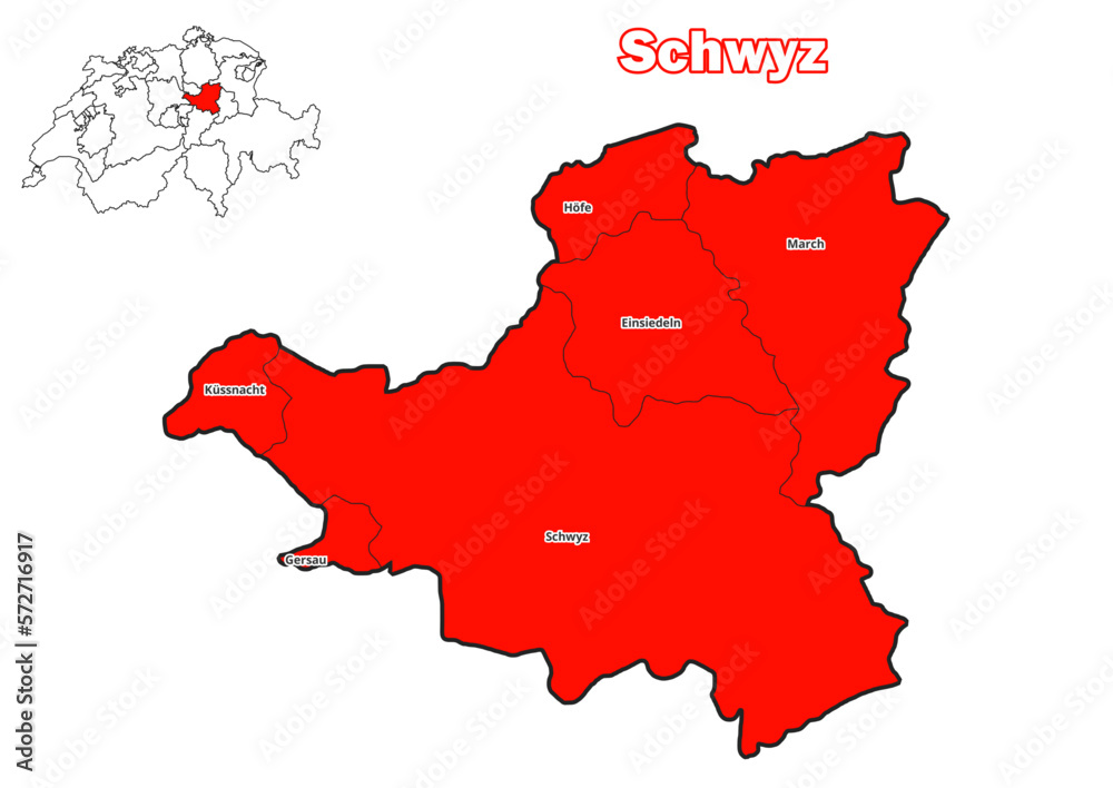 Karte des Kanton Schwyz mit Bezirksnamen und Standort auf der Karte der ...