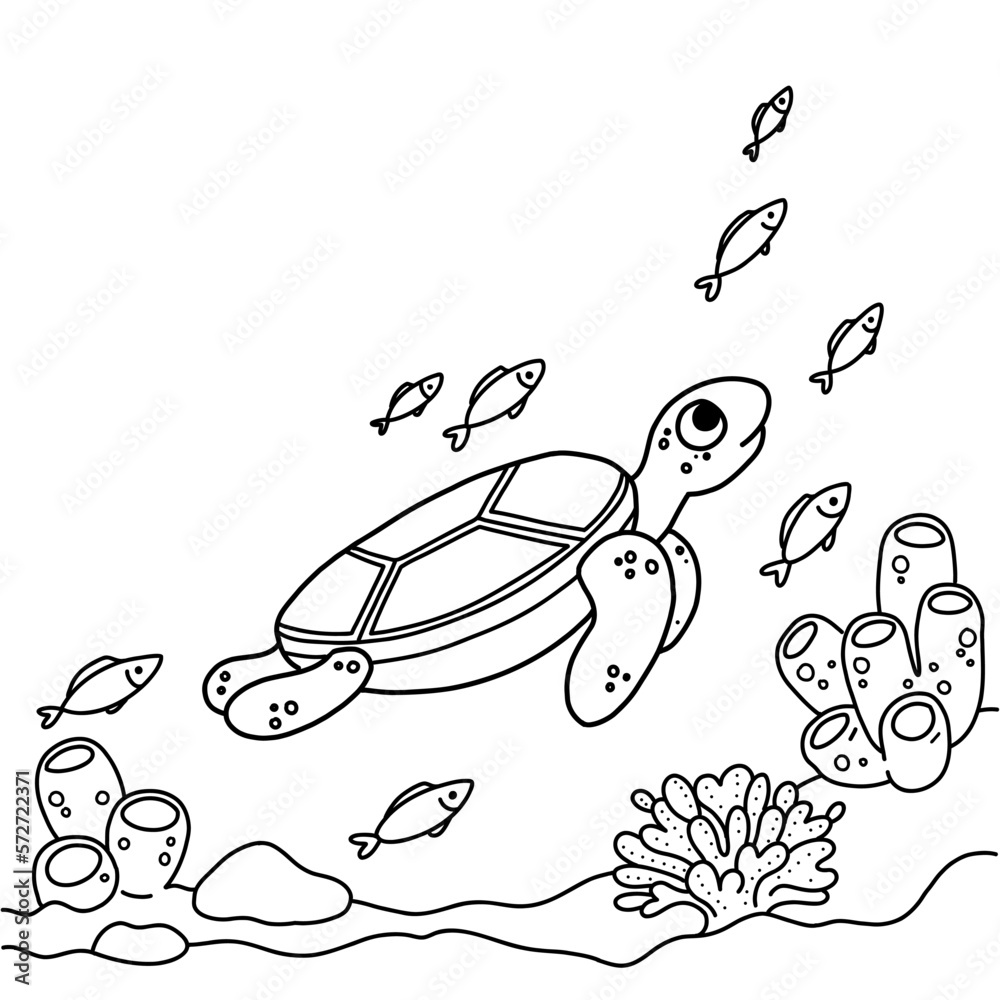Colouring page for children, underwater scene with a cute sea turtle ...