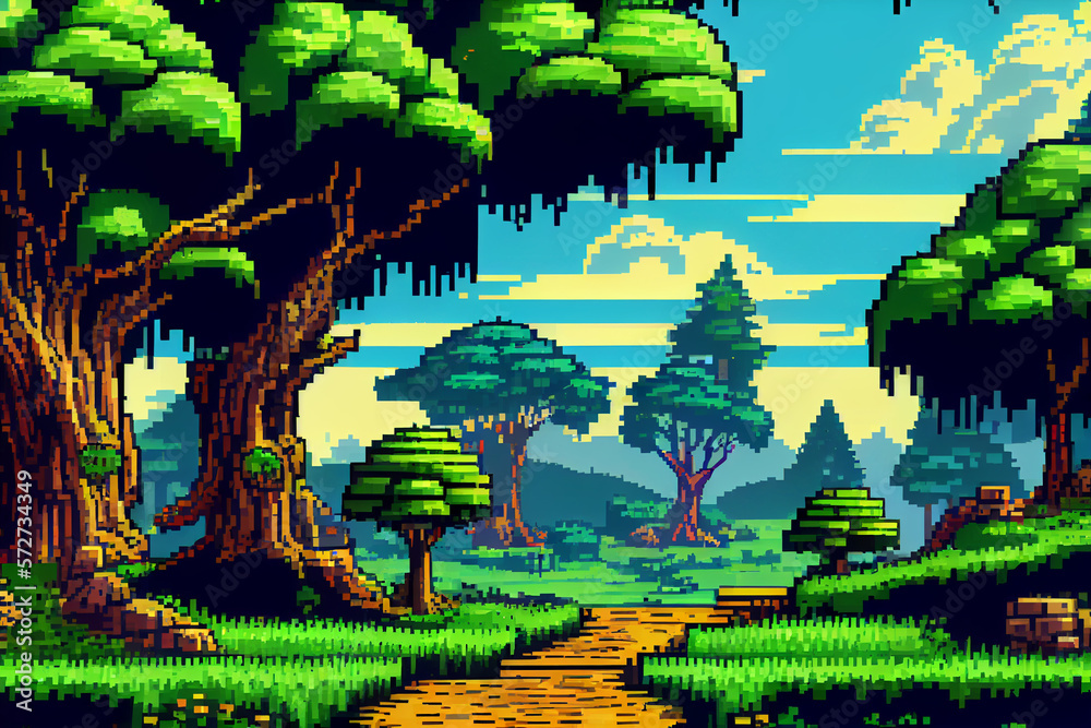Video game background landscape with mountains and forests in 16 bit ...