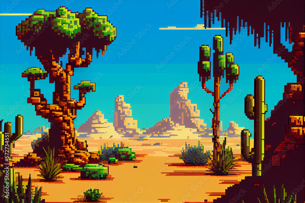 Video game background landscape with mountains and forests in 16 bit pixels. Retro video arcade ...