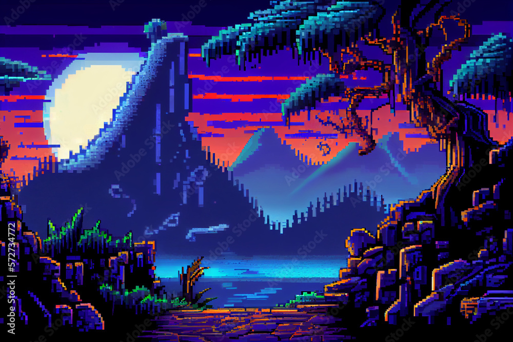 Video game background landscape with mountains and forests in 16 bit ...