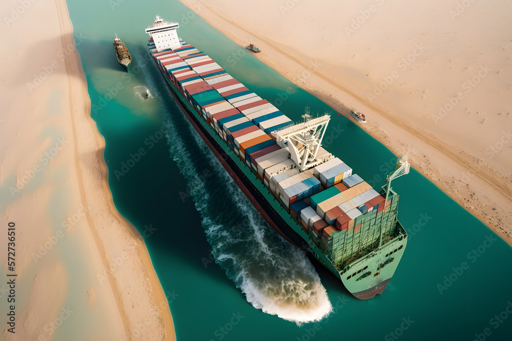 Container cargo ship is stuck aground in sandy canal. Concept Global ...