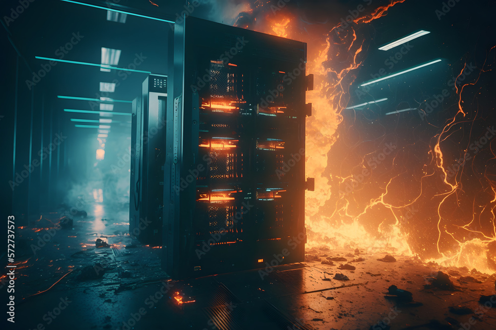 Burning server room. Data center supercomputer technology in fire ...