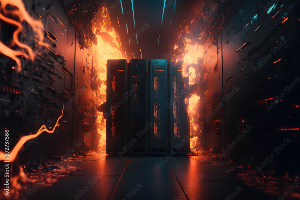Burning server room. Data center supercomputer technology in fire ...