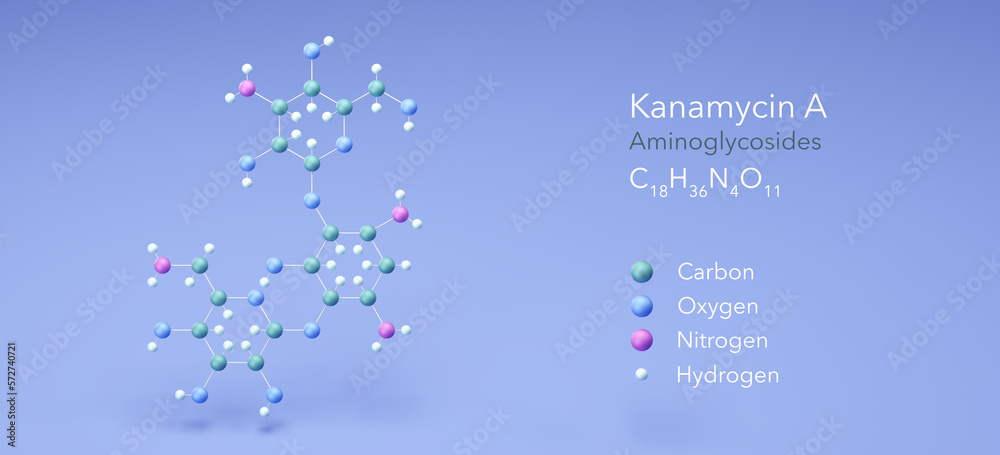kanamycin a molecule, molecular structures, aminoglycoside, 3d model ...