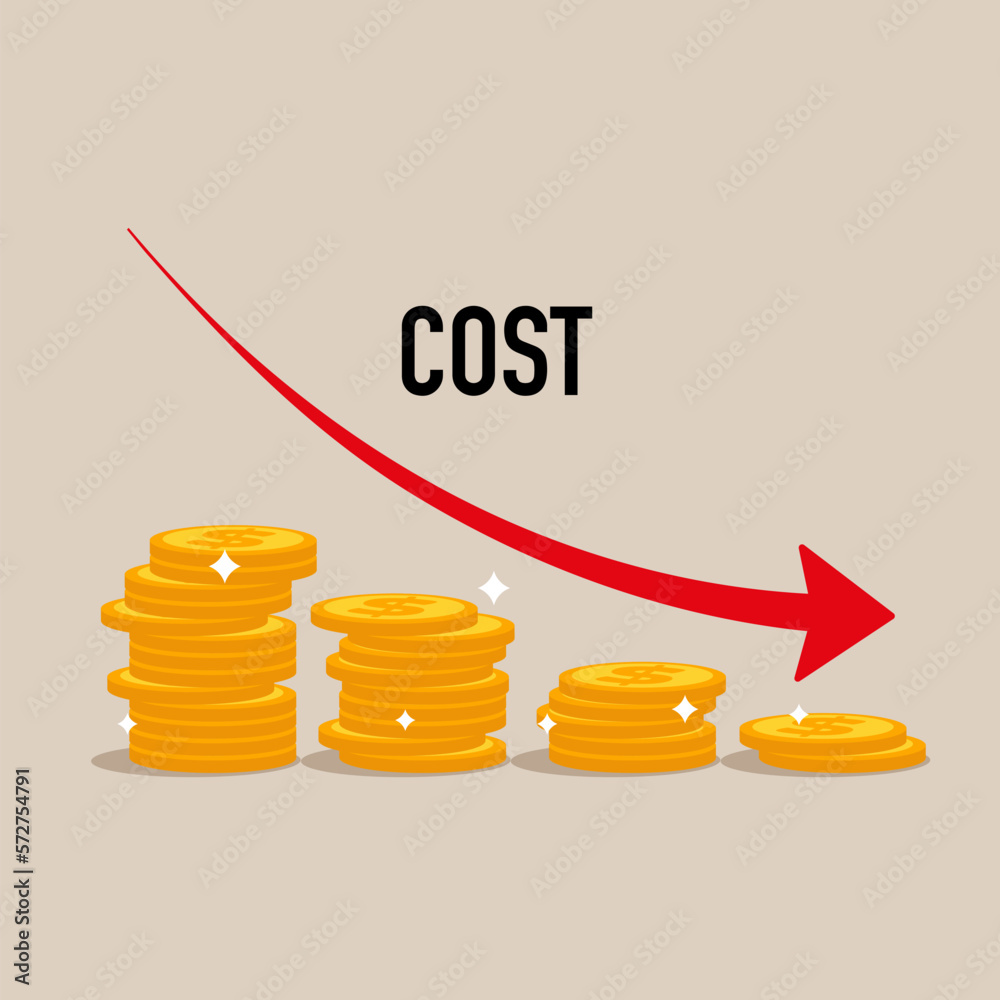 Coin stacks with descending curve or arrow. Costs reduction, costs cut ...