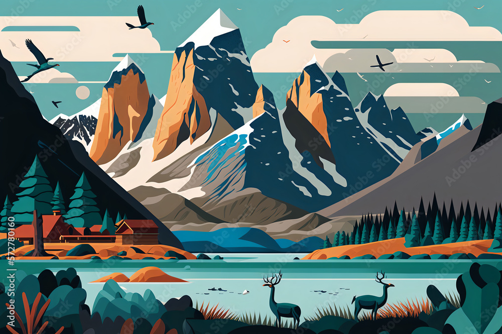 A breathtaking digital illustration of the Chilean Patagonia, featuring ...