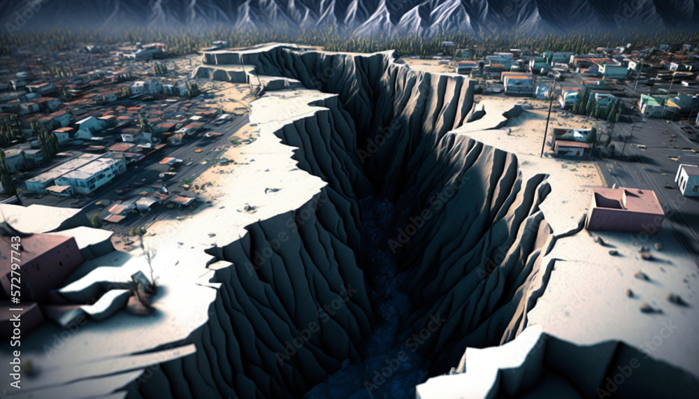 Earthquake concept. Ground cracks, earthquake cracking holes, ruined ...