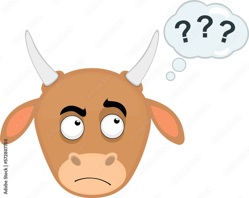 vector illustration face of a cow cartoon with a thinking expression or ...
