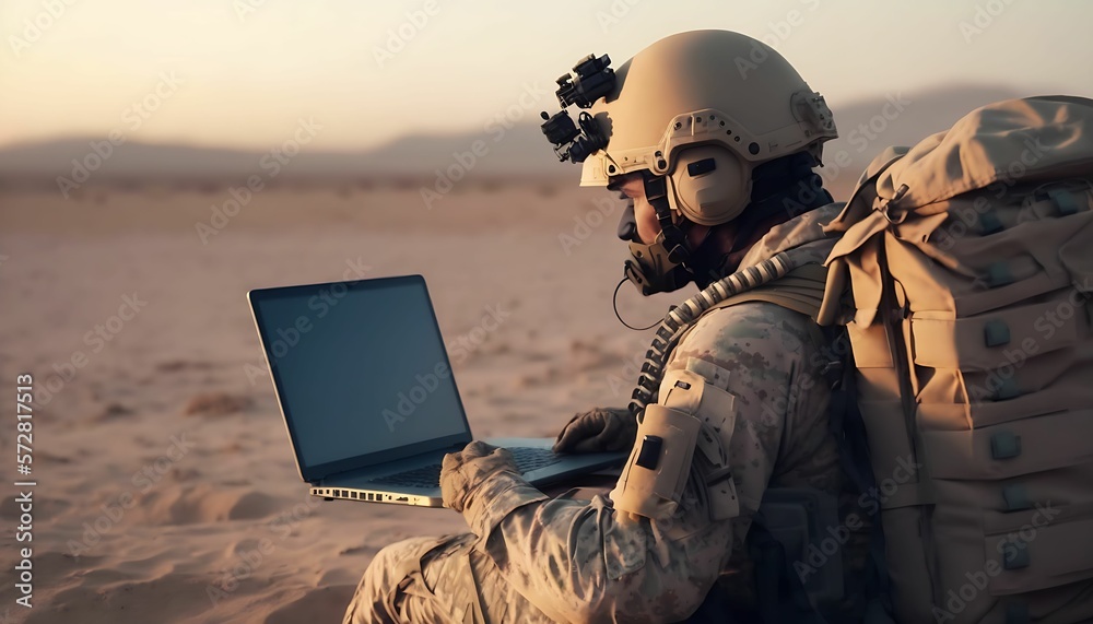 military concept. Soldier Uses Laptop Computers to Track Targets and ...
