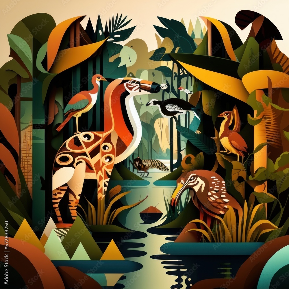Ilustración de Stock Jungle and fantasy an animals. Cubism style. Made ...