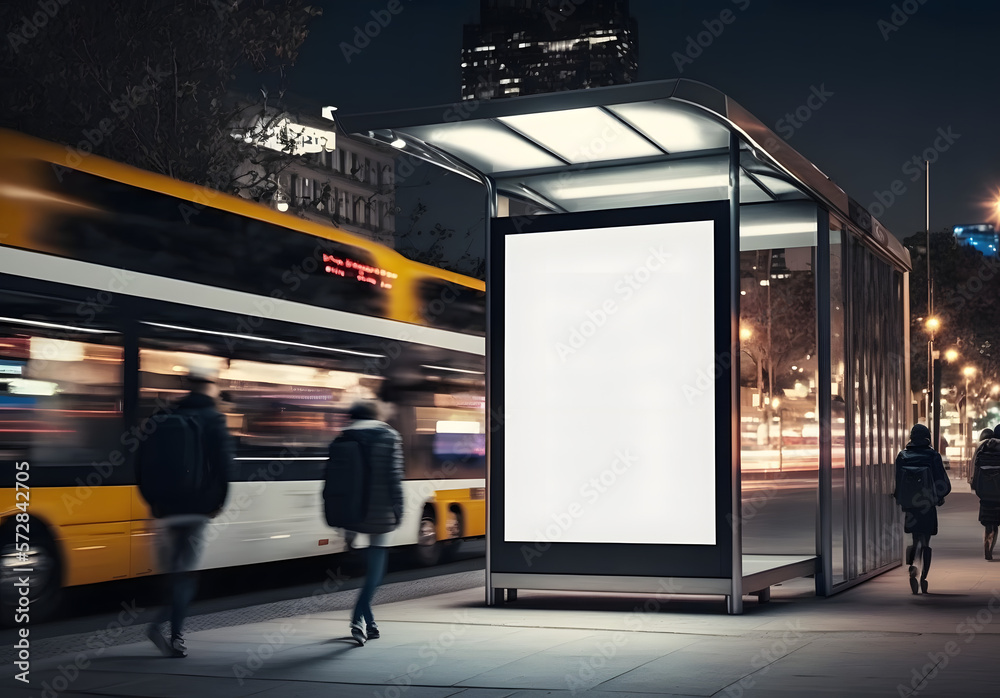 Blank white vertical digital billboard poster on city street bus stop ...