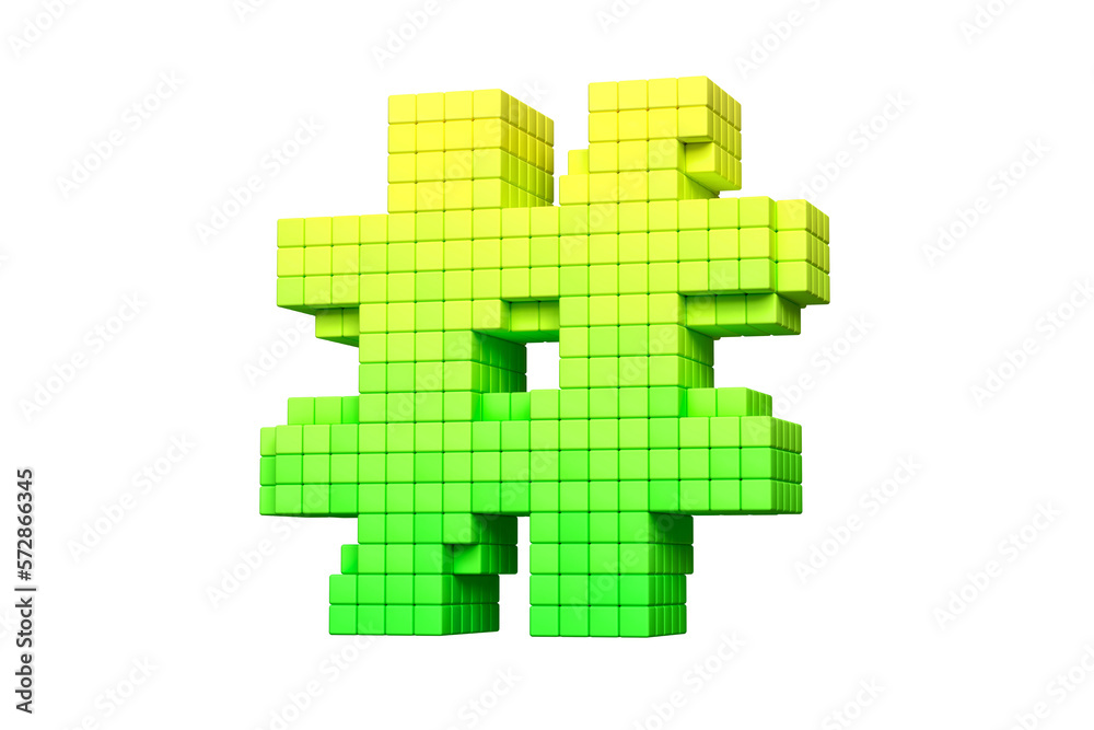 Pixel art style Hashtag symbol made of 3D cubes in yellow to green ...
