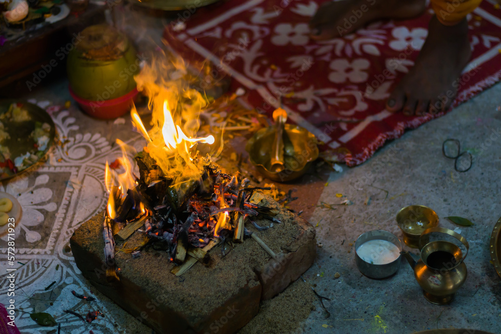 Hindu pooja ritual yagya or yajna, which is fire ceremony performed ...