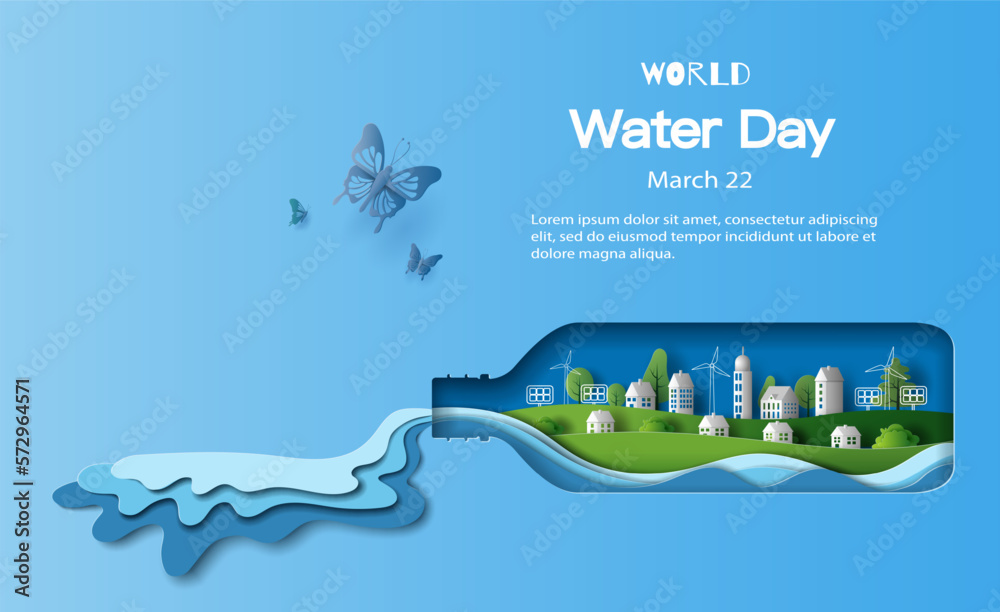 World Water Day, save water, a bottle of water with a green city inside, paper illustration, and ...