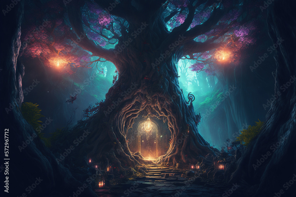 Sacred fantasy tree of life with afterlife portal gate leading to ...