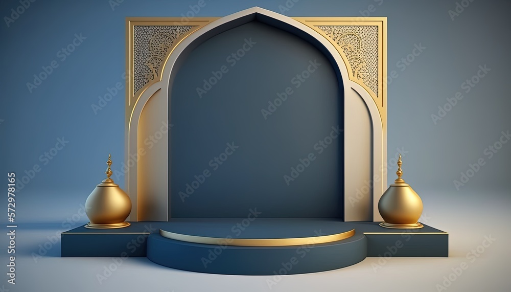 simple 3D empty product podium stage, ramadhan, blue and gold, islamic ...