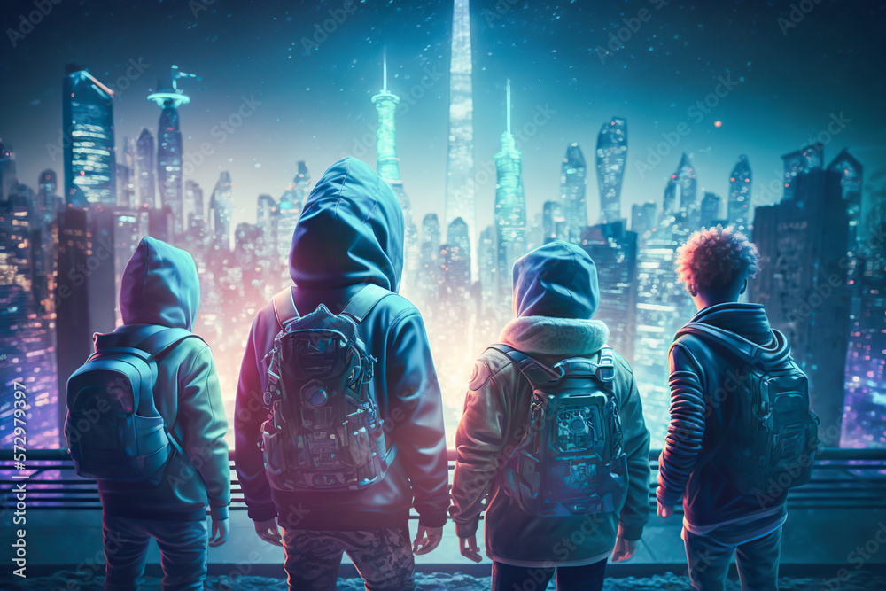 Back view of a group of kids in a futuristic city. The future of our ...