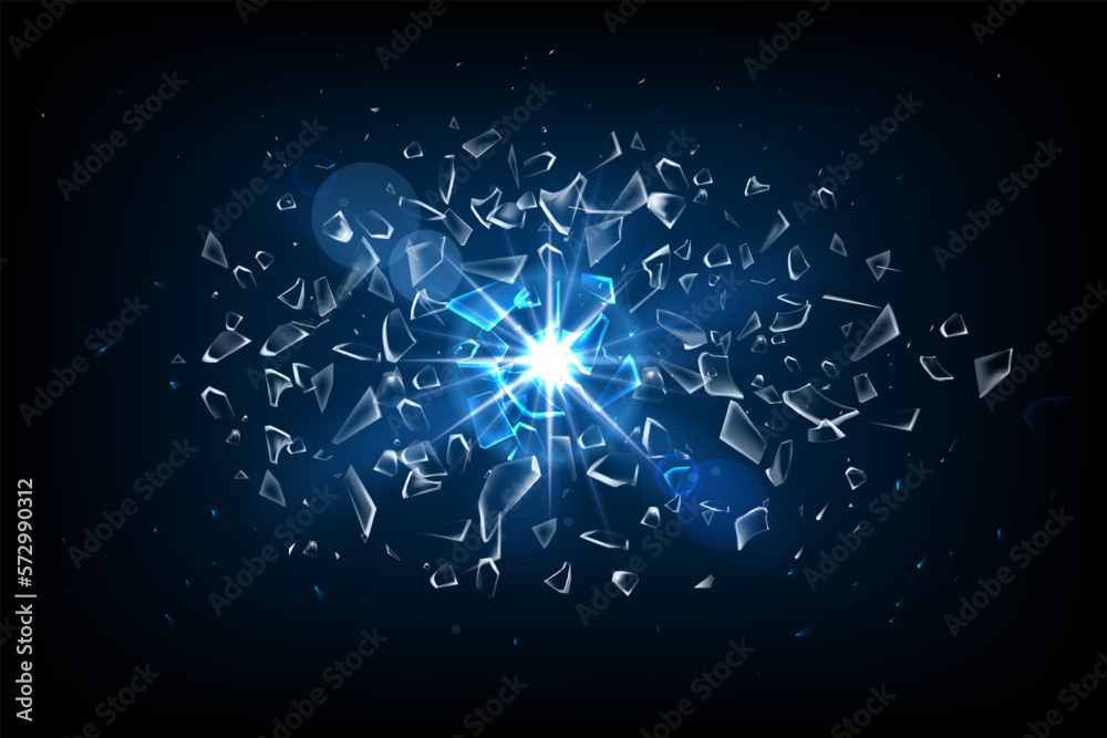 Vetor Blue light. Shatter glass fragments. Broken shards. Blast explode ...