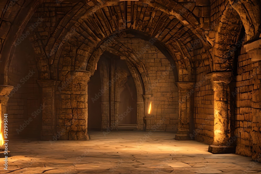 Long Medieval Castle Corridor With Torches. Fantasy Background ...