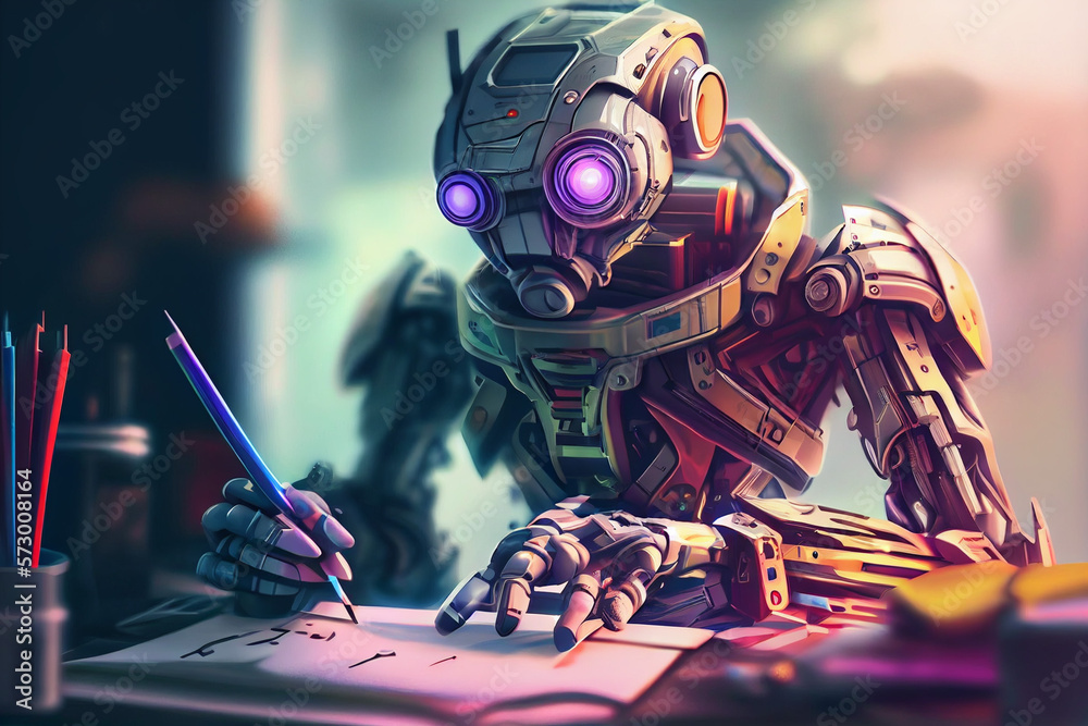 Robot drawing artwork picture. Robotic technologies in hobbies concept ...