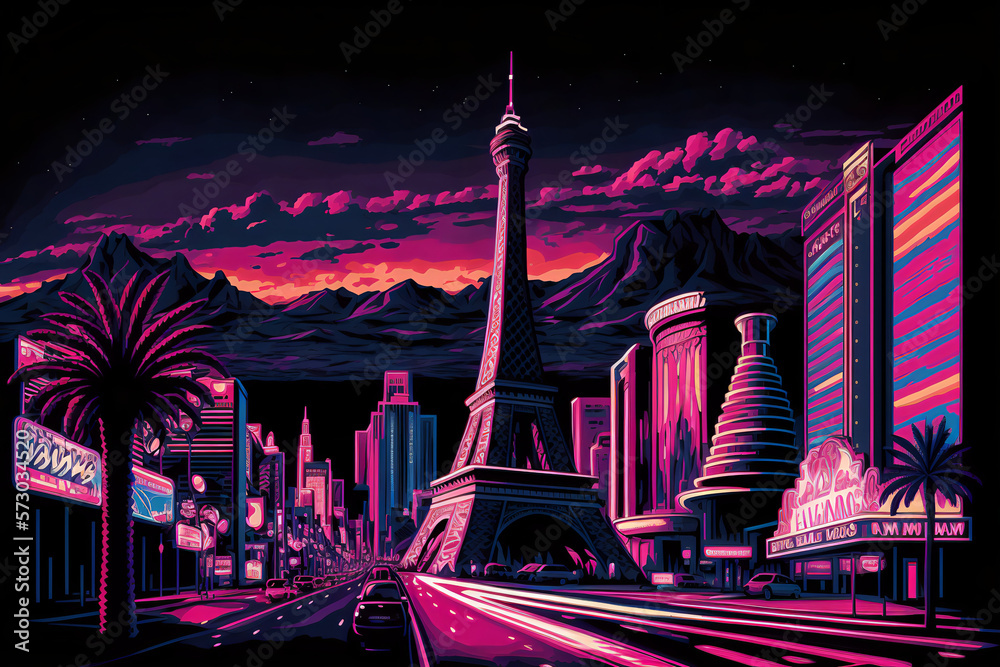 A vibrant illustration of the Las Vegas Strip at night, showcasing the iconic Luxor pyramid and ...