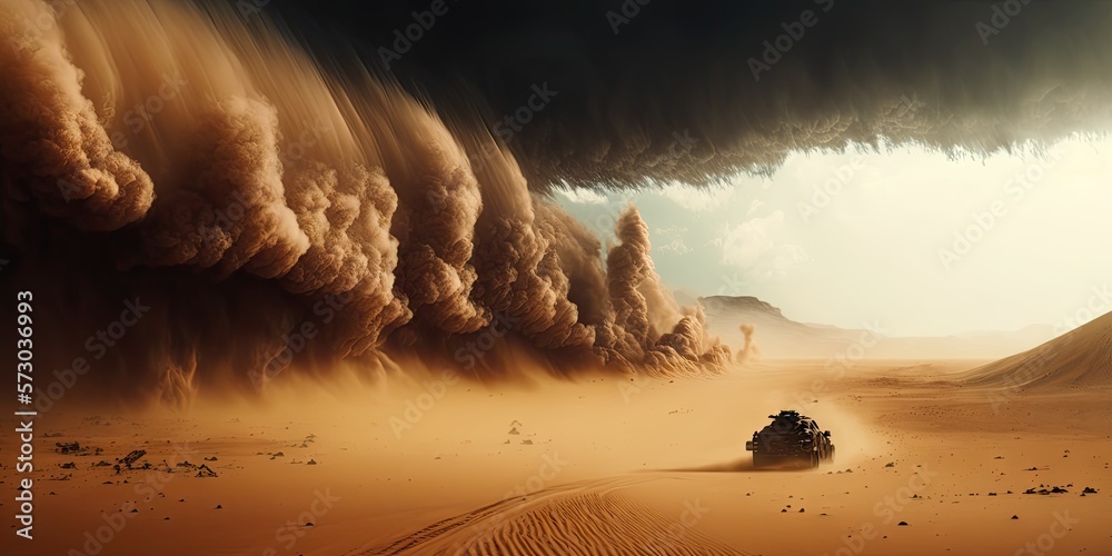 Epic post-apocalyptic desert landscape on a sunny hot day with a storm ...