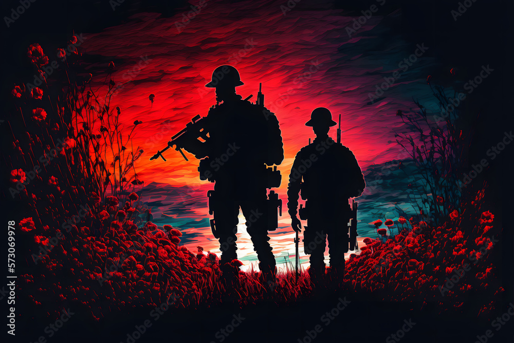Remembrance Day. Silhouettes of soldiers at poppy field created with ...