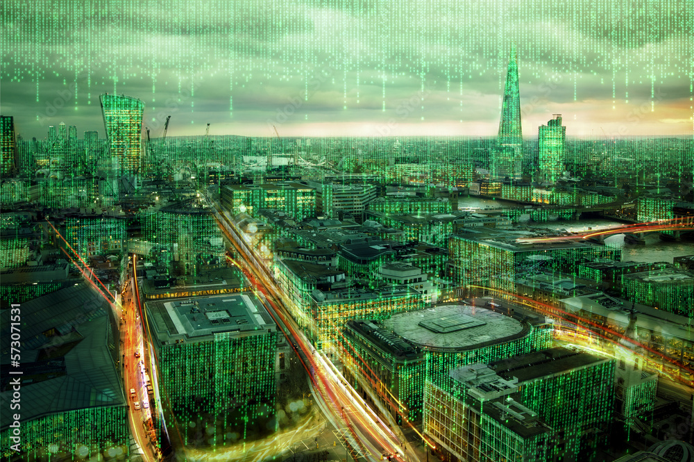 City of London view with matrix concept and digital connections ...