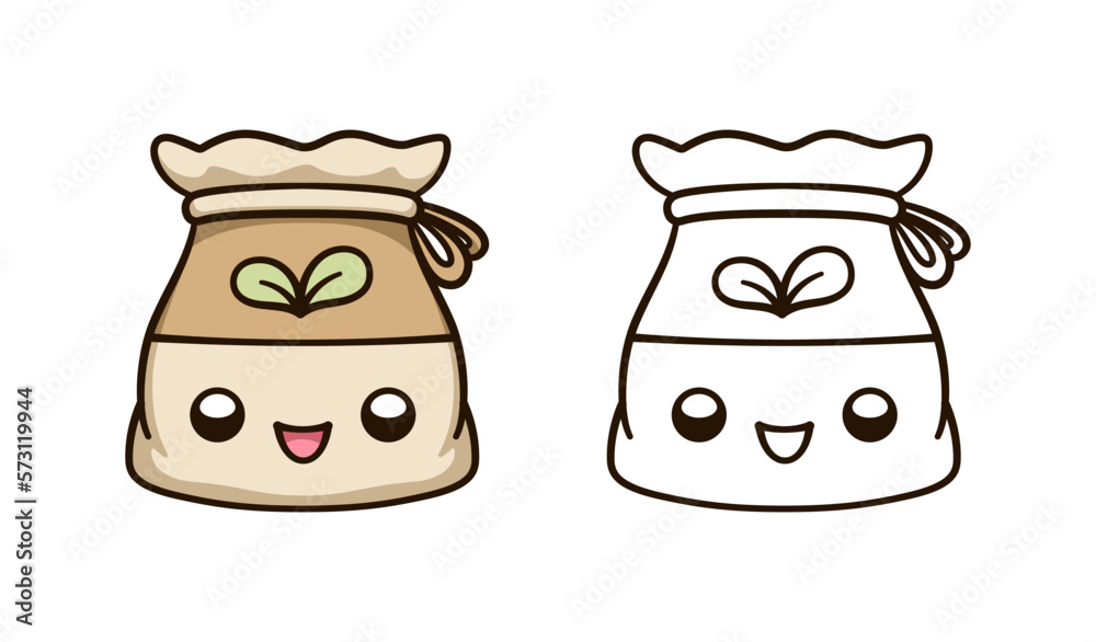 Cute happy burlap sack bag of seeds kawaii cartoon illustration ...
