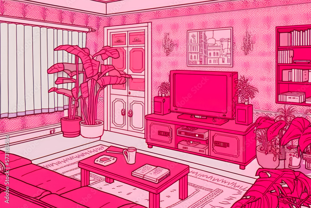 LoFi cartoon anime living room scene with a TV set, bookshelf, sofa ...