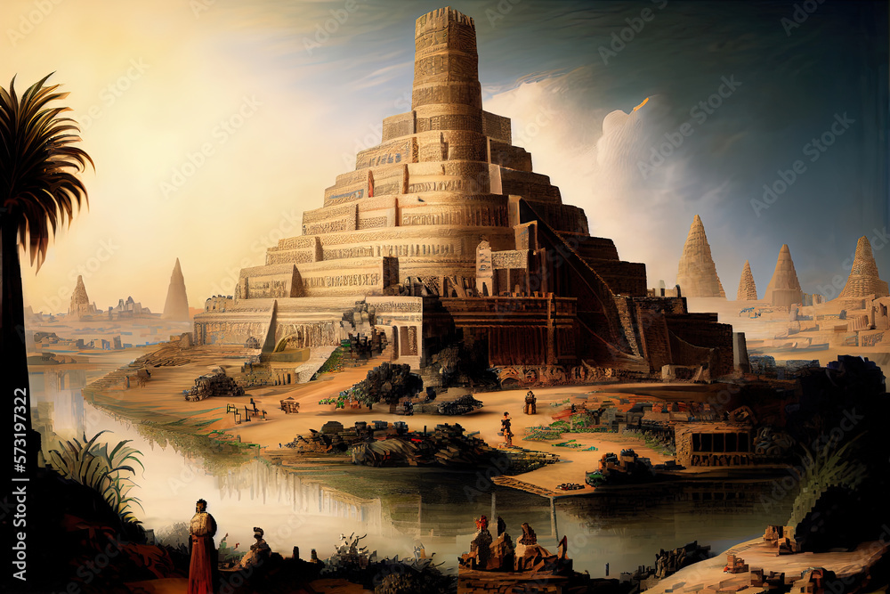 Ancient city of Babylon with the tower of Babel, bible and religion ...